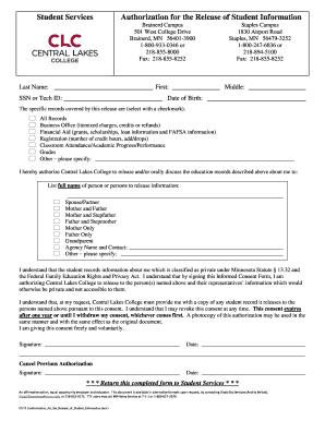 Fillable Online clcmn Student Services Authorization for the Release of Student ... - clcmn Fax ...