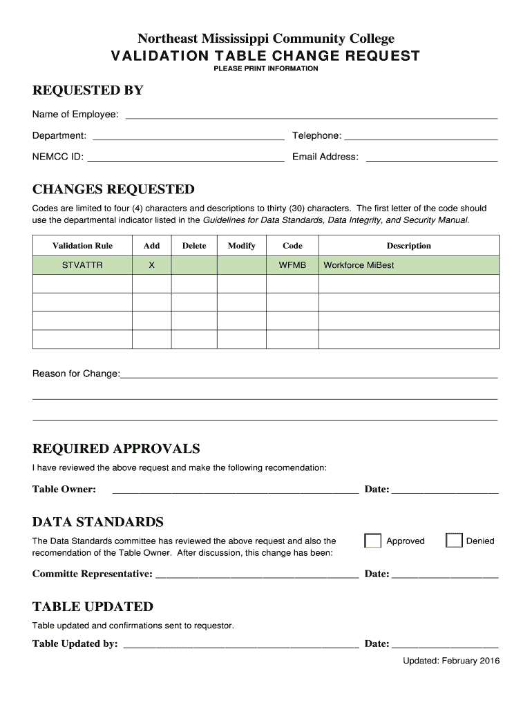 Fillable Online nemcc BANNER Validaton Table Change Request Fax Email ...