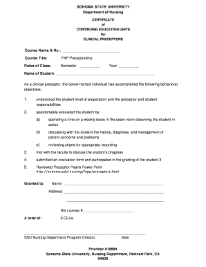 Fillable Online sonoma CERTIFICATE of CONTINUING EDUCATION UNITS for ...