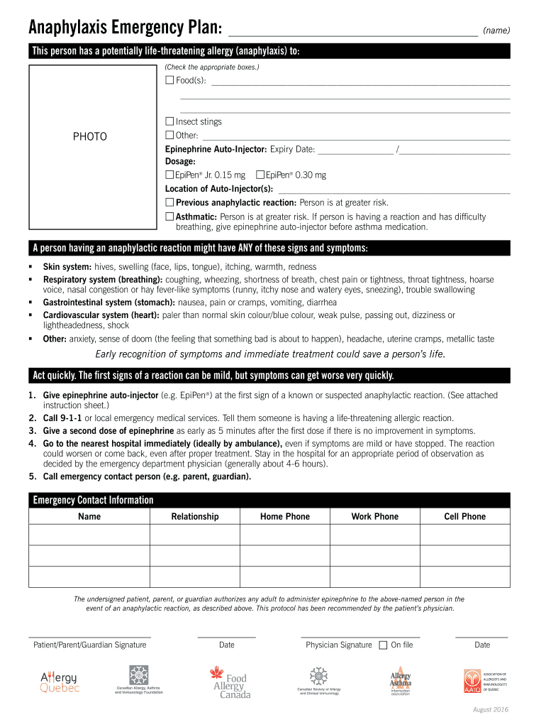 Fillable Online Anaphylaxis Emergency Plan: - csaci.ca Fax Email Print ...