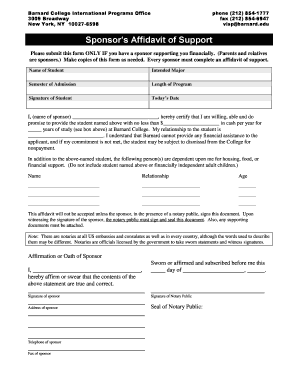 Fillable Online barnard Sponsor s Affidavit of Support - Barnard ...