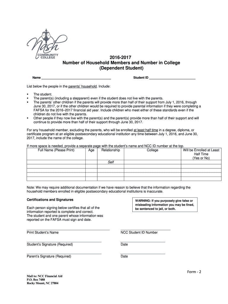 Fillable Online 2016-2017 Number of Household Members and Number in ...