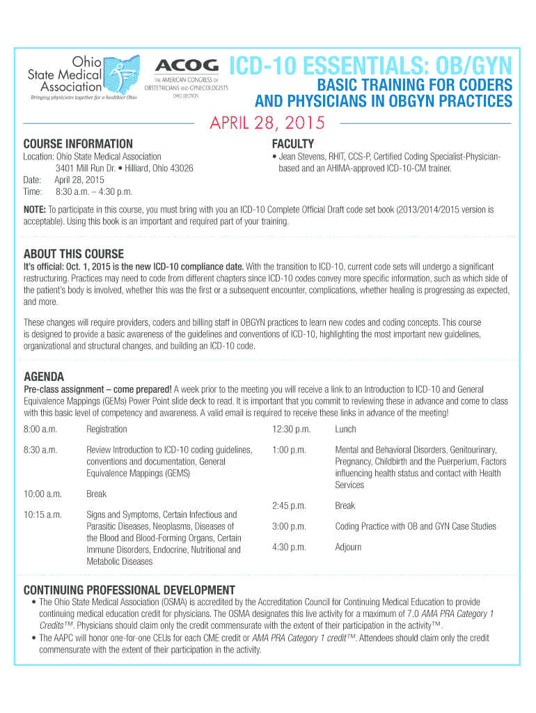 Fillable Online osma Ohio ICD-10 ESSENTIALS: OB/GYN BASIC TRAINING FOR ...