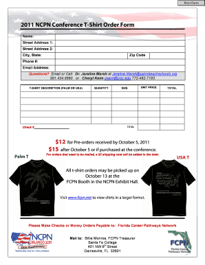 Fillable Online 2011 NCPN T-Shirt Order Form - ftpn.org Fax Email Print ...