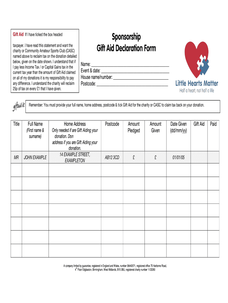 Fillable Online Gift Aid Sponsorship Gift Aid Declaration Form Fax ...