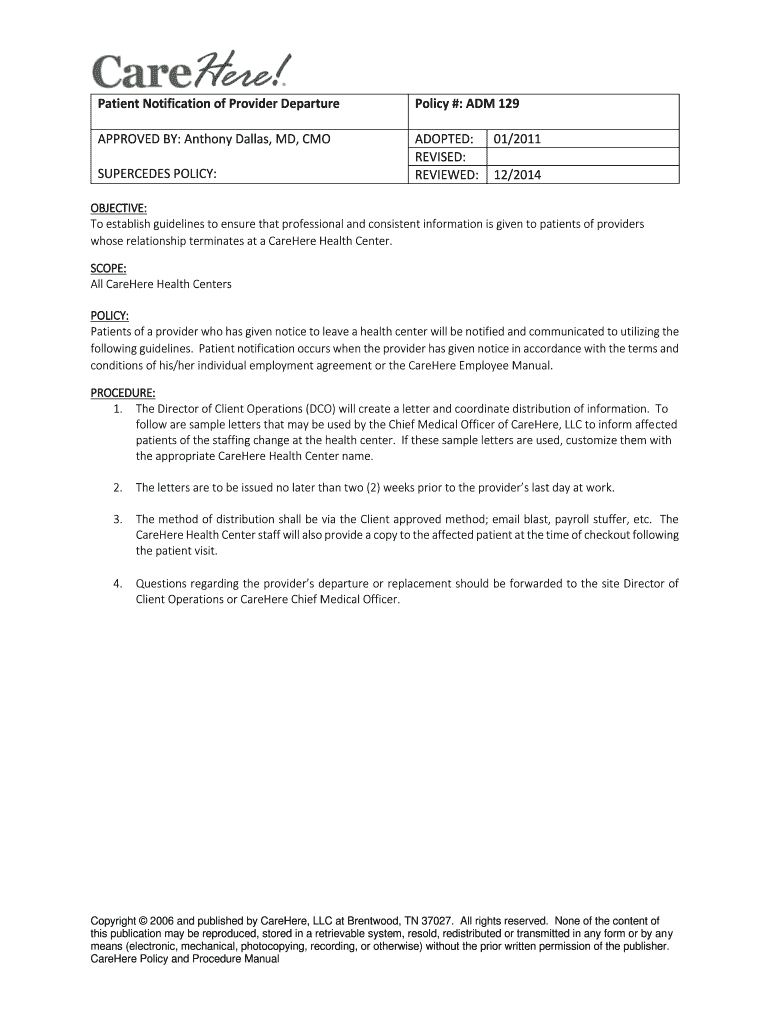 Fillable Online Patient Notification of Provider Departure Fax Email ...