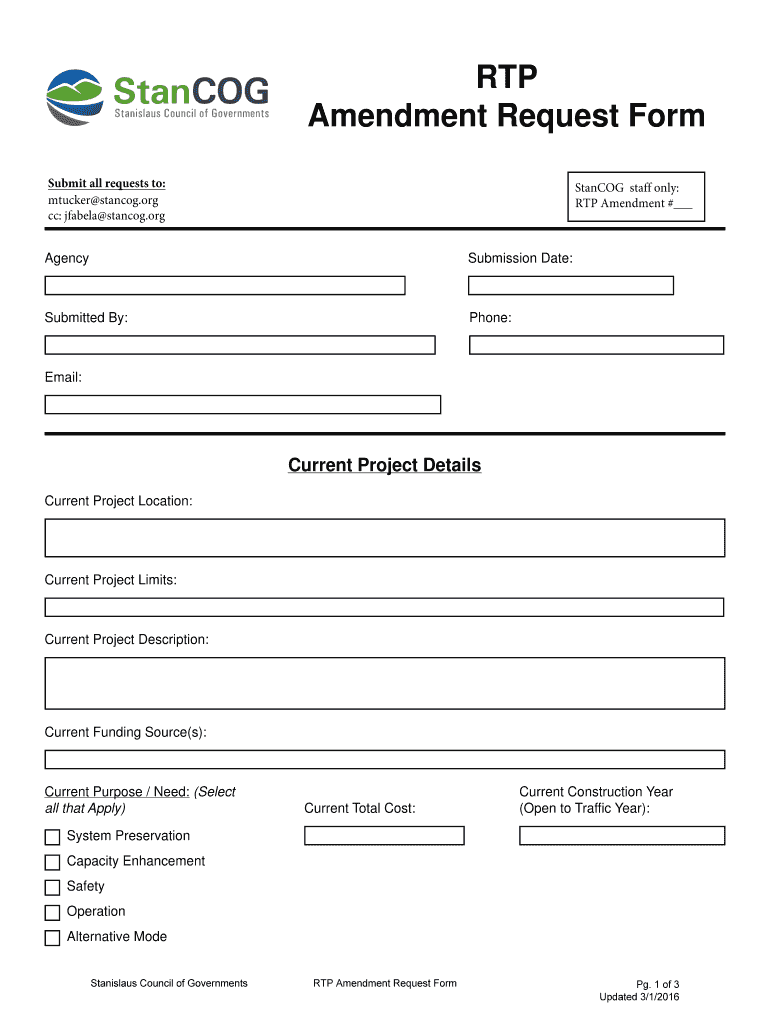Fillable Online stancog RTP Amendment Request Form - Stanislaus County ...