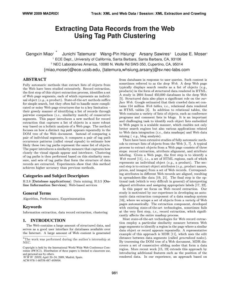 Fillable Online www2009 wwwconference Unsupervised Structured Data Extraction from Template ...