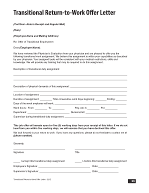Fillable Online Transitional Return-to-Work Offer Letter Fax Email ...
