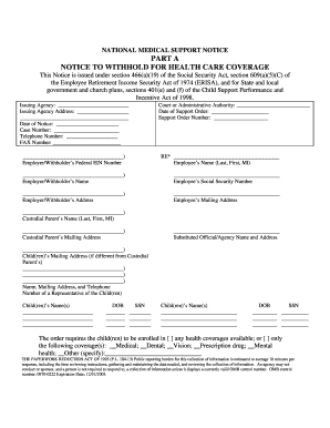 Fillable Online NATIONAL MEDICAL SUPPORT NOTICE PART A NOTICE TO ...