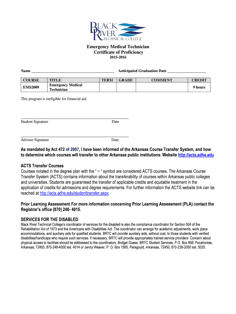 Fillable Online blackrivertech Emergency Medical Technician Certificate ...