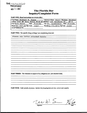 Fillable Online RECEIVED AU6 11 2004 The Florida Bar Inquiry/Complaint ...
