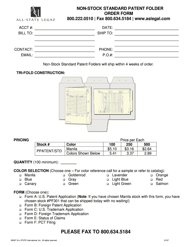 Fillable Online Non-Stock Standard Patent Folder Order Form.doc Fax ...