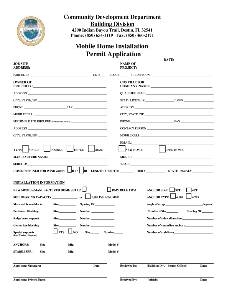 Fillable Online Mobile Home Installation Permit Application - City of Destin Fax Email Print ...