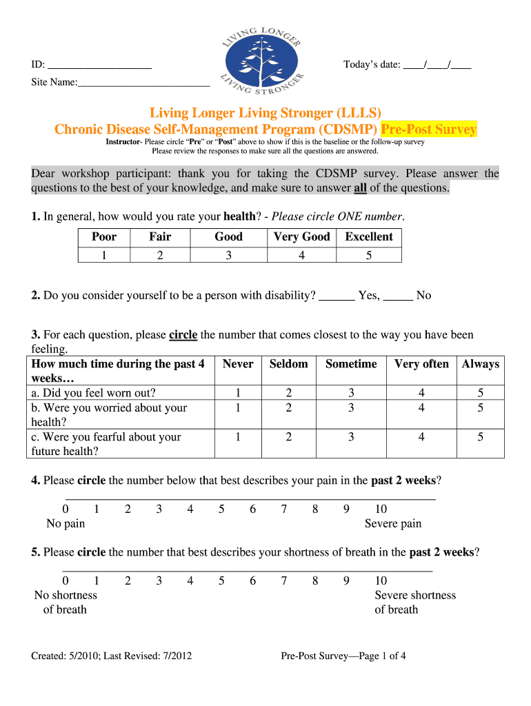 Fillable Online livinglongerlivingstronger Pre-Post Survey - Living ...
