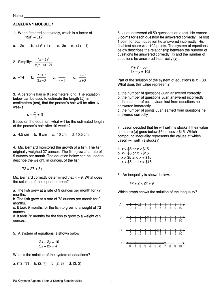 Fillable Online ALGEBRA 1 MODULE 1 Fax Email Print - pdfFiller