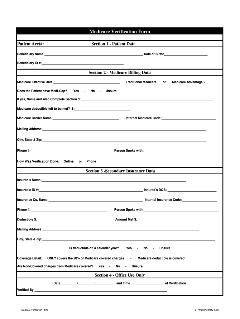 Fillable Online Medicare Verification Form - KMC University Fax Email Print - pdfFiller