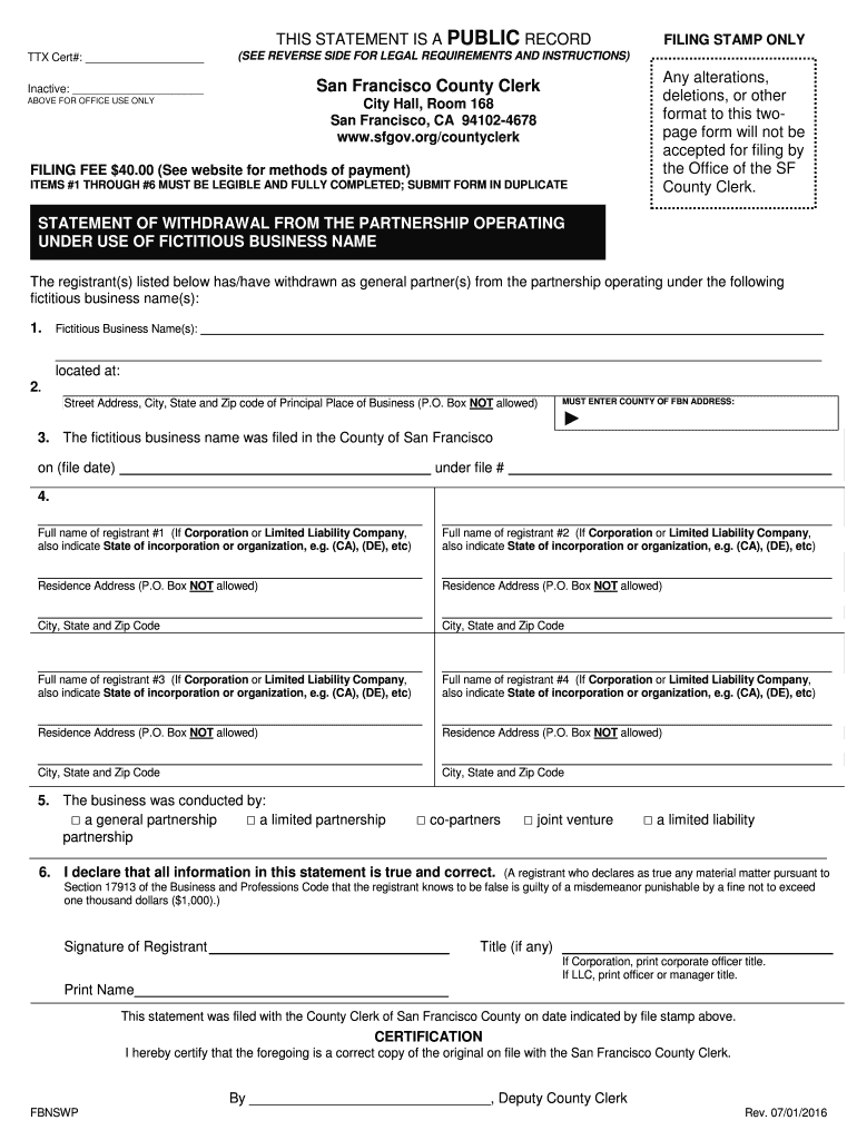Fillable Online STATEMENT OF WITHDRAWAL FROM THE PARTNERSHIP OPERATING ...