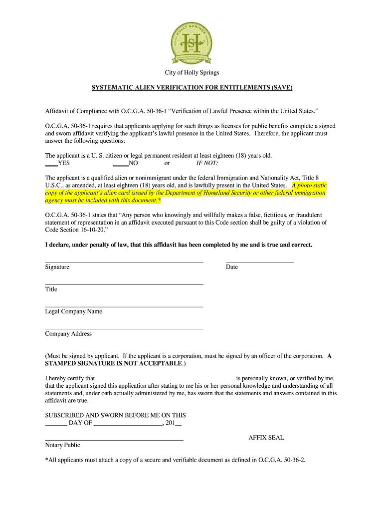 Fillable Online hollyspringsga SYSTEMATIC ALIEN VERIFICATION FOR ...