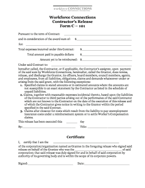 Fillable Online Workforce Connections Contractor s Release Form C 101 ...