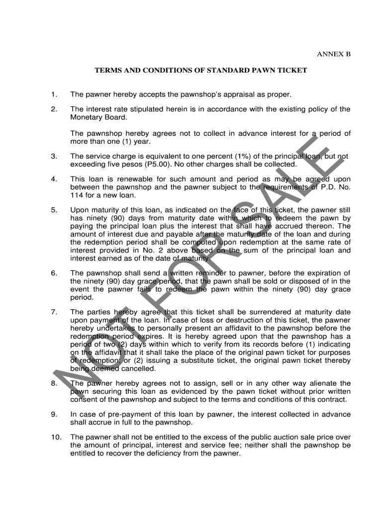 Fillable Online TERMS AND CONDITIONS OF STANDARD PAWN TICKET Fax Email ...