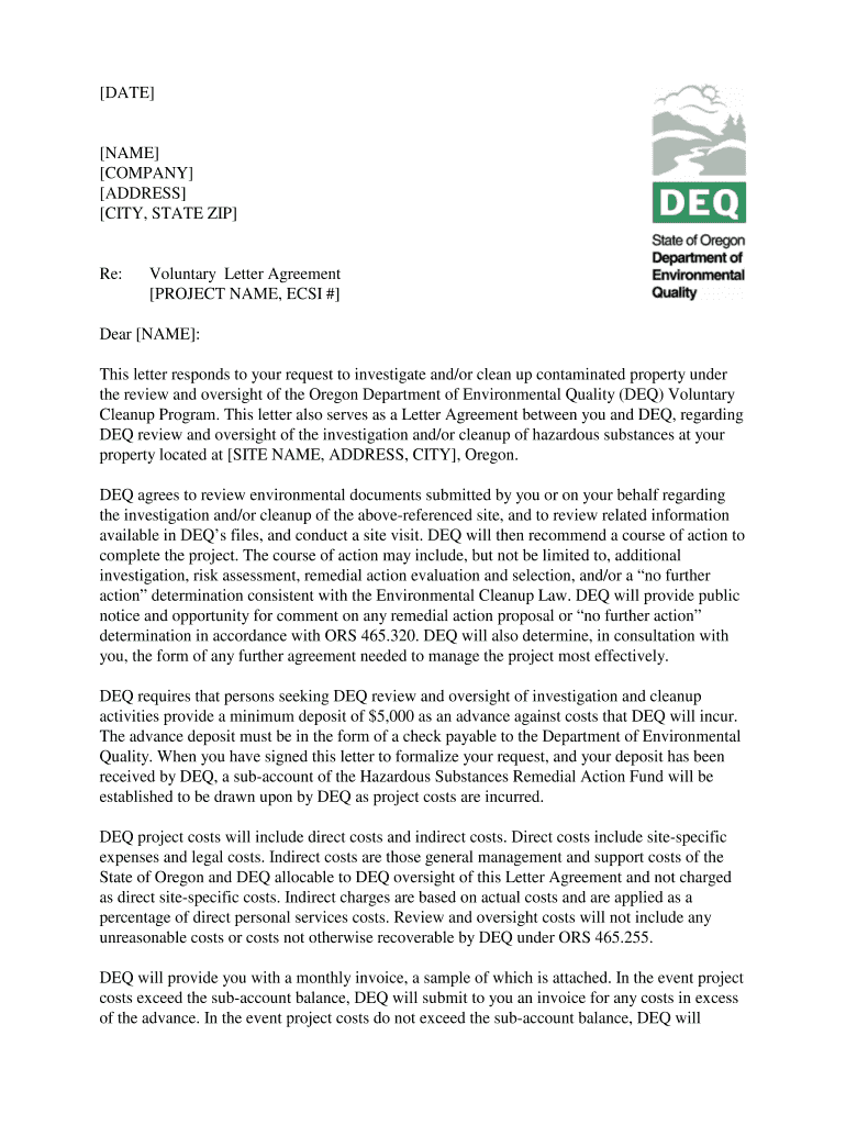 Fillable Online deq state or Voluntary Letter Agreement Fax Email Print ...