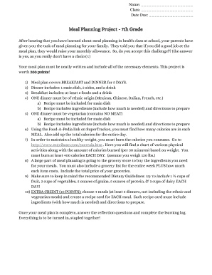 Fillable Online Meal Planning Project - 7th Grade - lee.k12.nc.us Fax ...