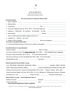 Fillable Online SPA, SALON, BEAUTY PARLOUR APPLICATION - Everest Re Fax ...