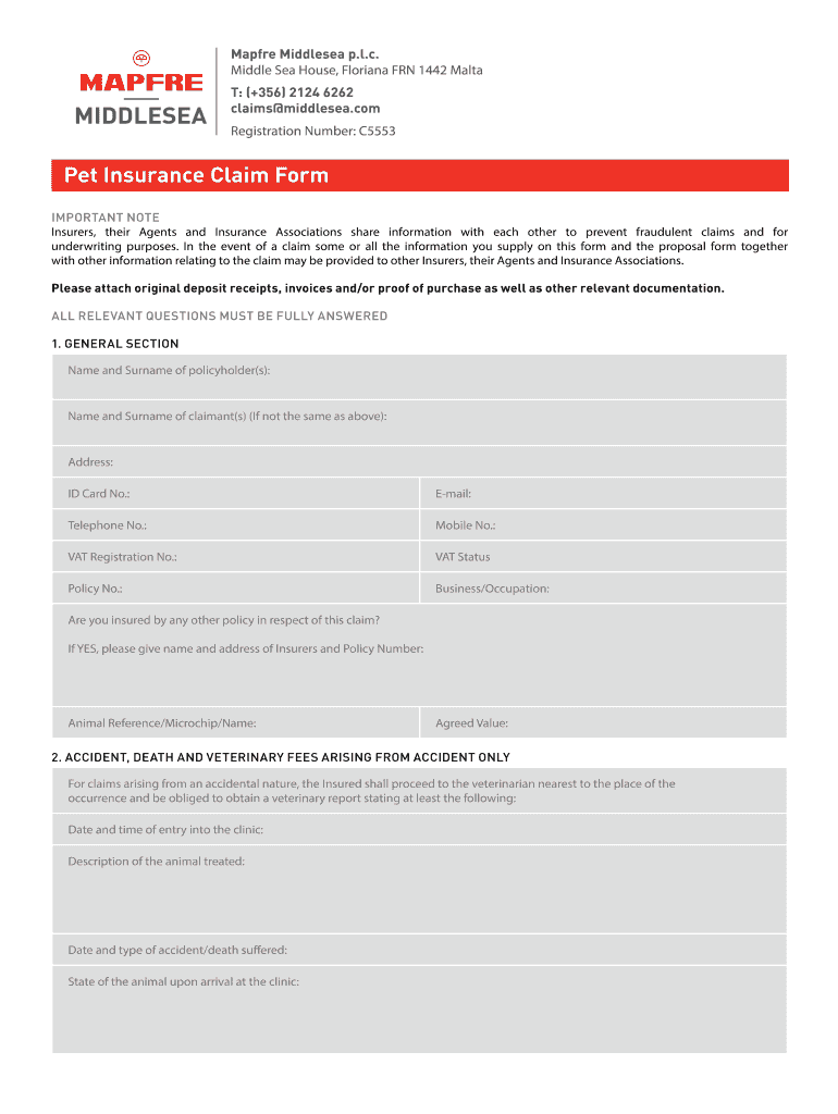 Fillable Online Pet Insurance Claim Form - middlesea.com Fax Email ...