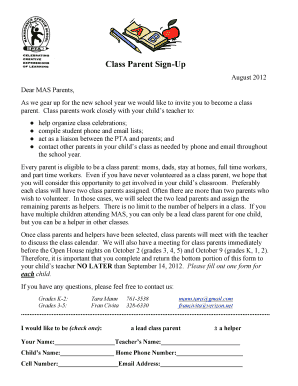Fillable Online Class Parent Sign-Up Fax Email Print - pdfFiller