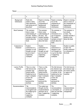 Fillable Online Summer Reading Fiction Rubric - lakewoodcatholicacademy ...