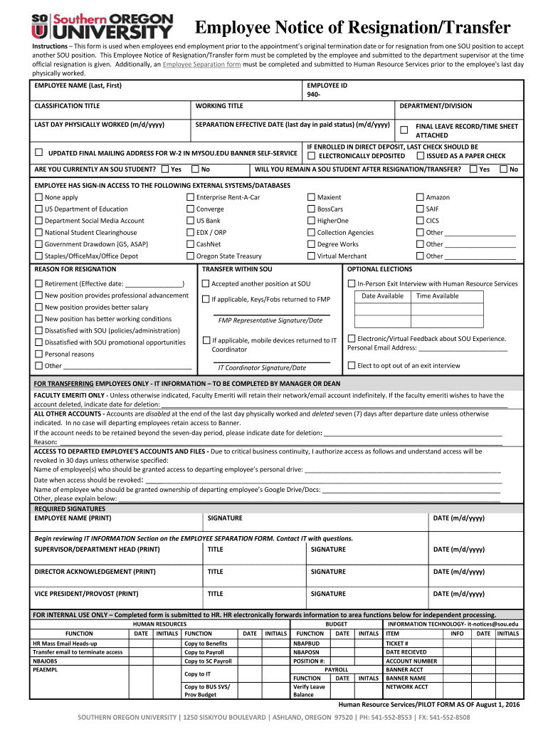 Fillable Online inside sou Employee Notice of Resignation/Transfer ...