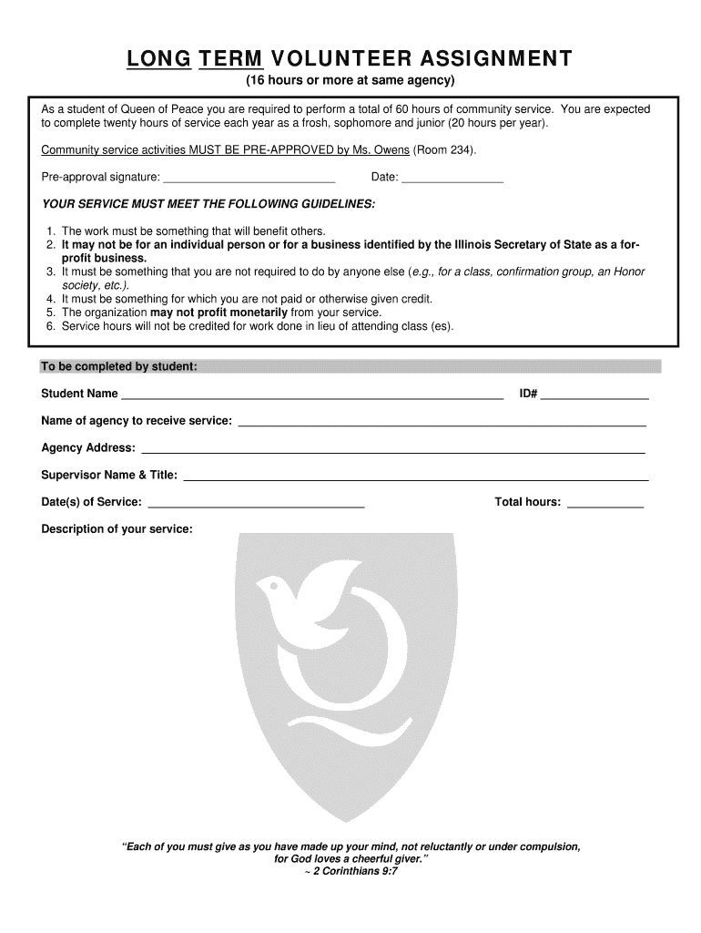 Fillable Online queenofpeacehs LONG TERM VOLUNTEER ASSIGNMENT ...