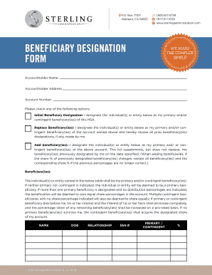 Fillable Online BENEFICIARY DESIGNATION FORM - sterlinghsa.com Fax ...