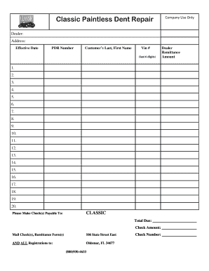 Fillable Online Classic Paintless Dent repair Remit Register Fax Email ...