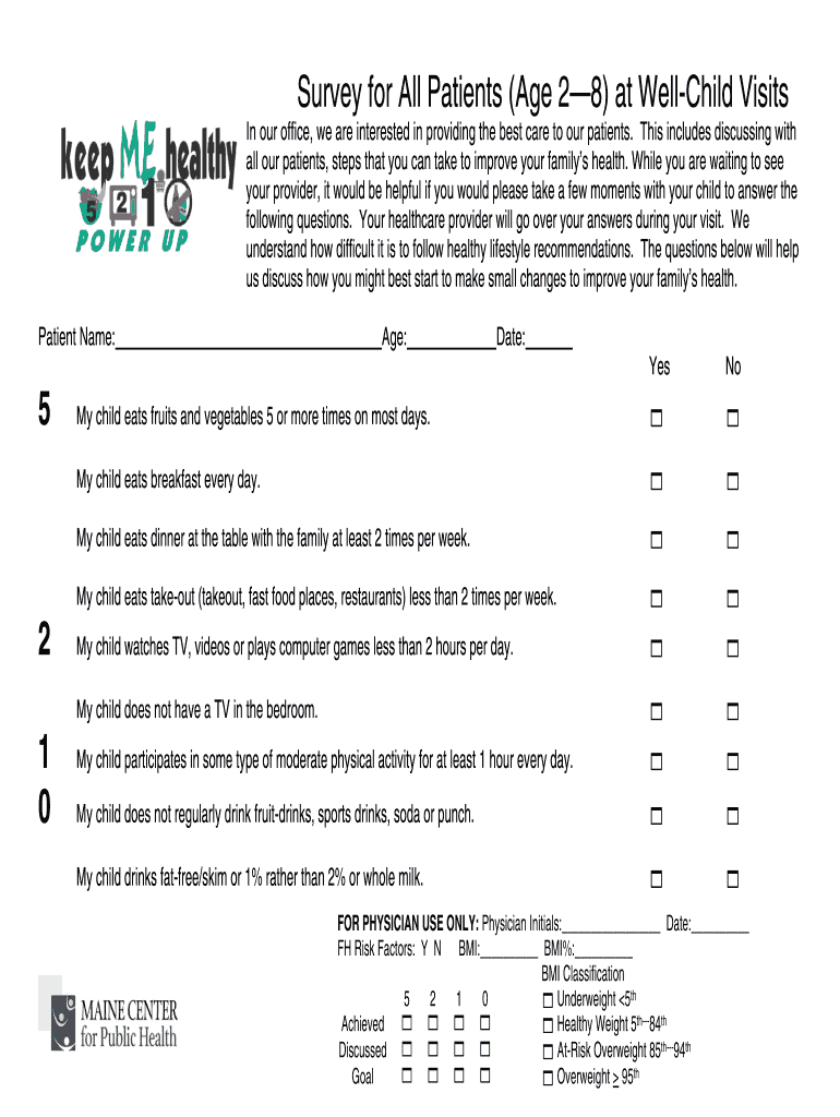 Fillable Online Survey for All Patients (Age 2 8) at Well-Child Visits ...