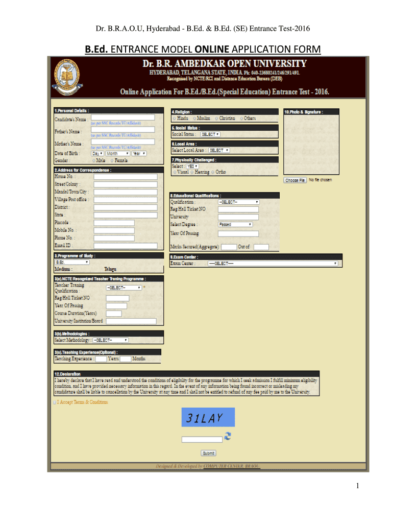 Fillable Online braouonline B.Ed. ENTRANCE MODEL ONLINE APPLICATION ...