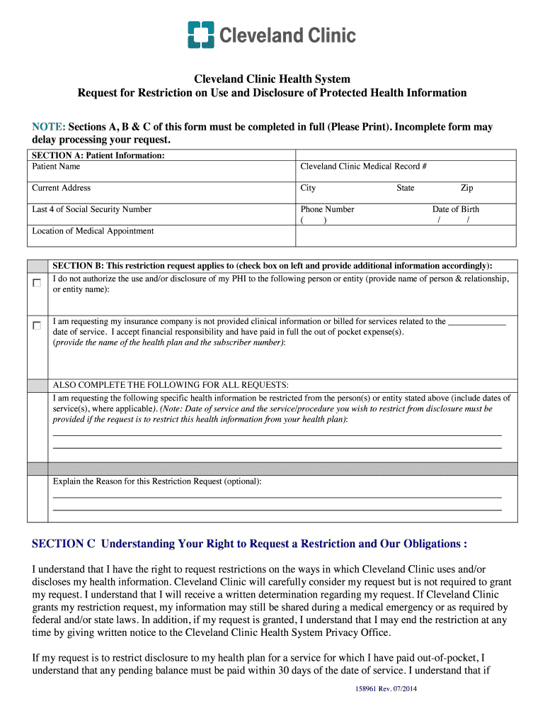 Fillable Online my clevelandclinic Request Restriction on Use ...