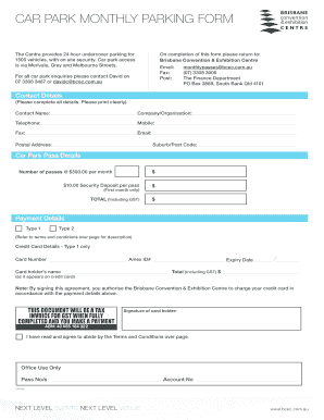 Fillable Online CAR PARK MONTHLY PARKING FORM - bcec.com.au Fax Email ...