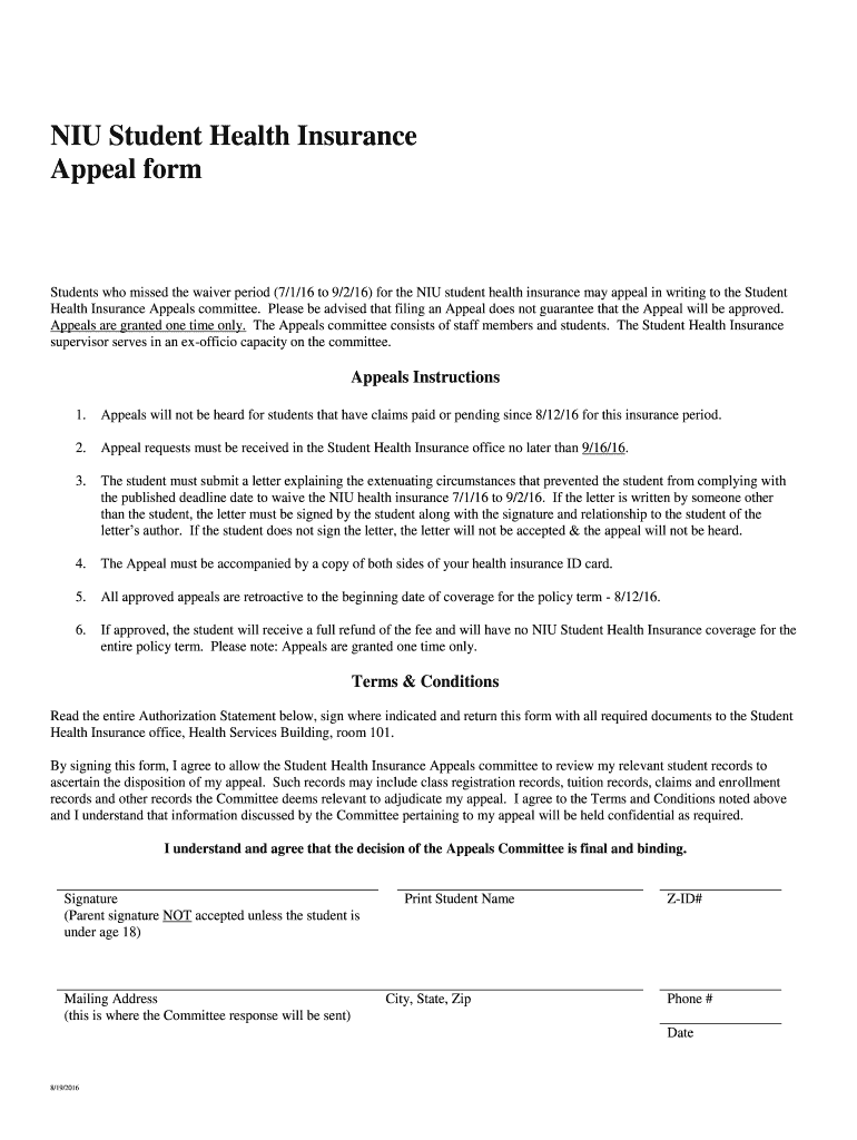 Fillable Online niu NIU Student Health Insurance Appeal form - niu.edu Fax Email Print - pdfFiller