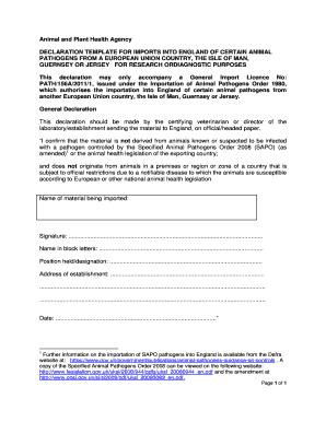 Fillable Online DECLARATION TEMPLATE FOR IMPORTS INTO ENGLAND OF ...
