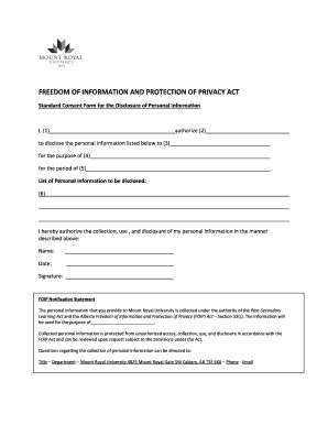 Fillable Online Standard Consent Form for Disclosure of PI FOIP Form ...
