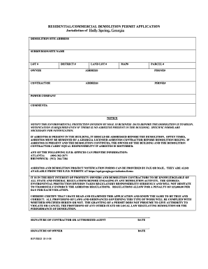Fillable Online hollyspringsga RESIDENTIAL/COMMERCIAL DEMOLITION PERMIT APPLICATION Fax Email ...