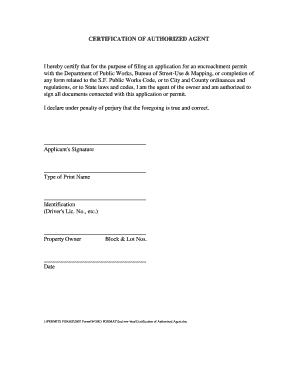 Fillable Online sfpublicworks certification of authorized agent. cert ...
