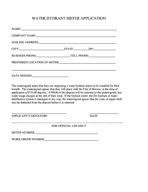 Fillable Online WATER HYDRANT METER APPLICATION - cityofbenson.com Fax ...