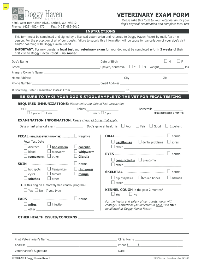 Fillable Online VETERINARY EXAM FORM - Doggy Haven Resort Fax Email ...