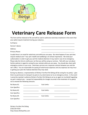 Fillable Online Veterinary Care Release Form - shirleyspets.com Fax ...