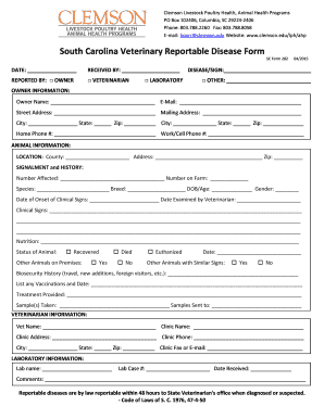 Fillable Online clemson South Carolina Veterinary Reportable Disease ...