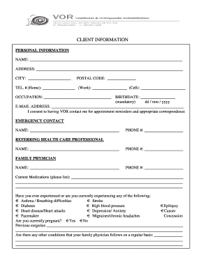Fillable Online Intake Info Form - VOR Physiotherapy Fax Email Print ...