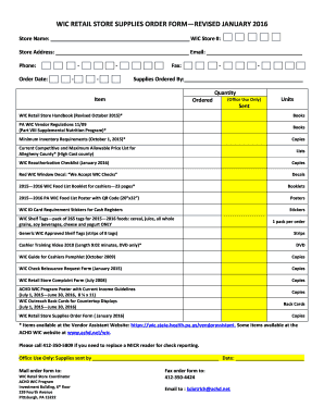 Fillable Online achd WIC RETAIL STORE SUPPLIES ORDER FORM REVISED ...